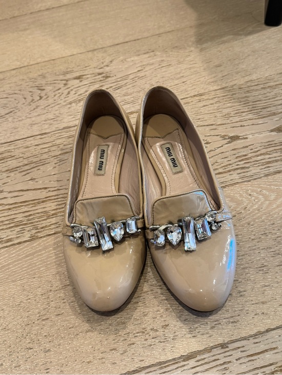 Miu Miu | Shoes | Miu Miu Beige Patent Leather Jeweled Loafers | Poshmark